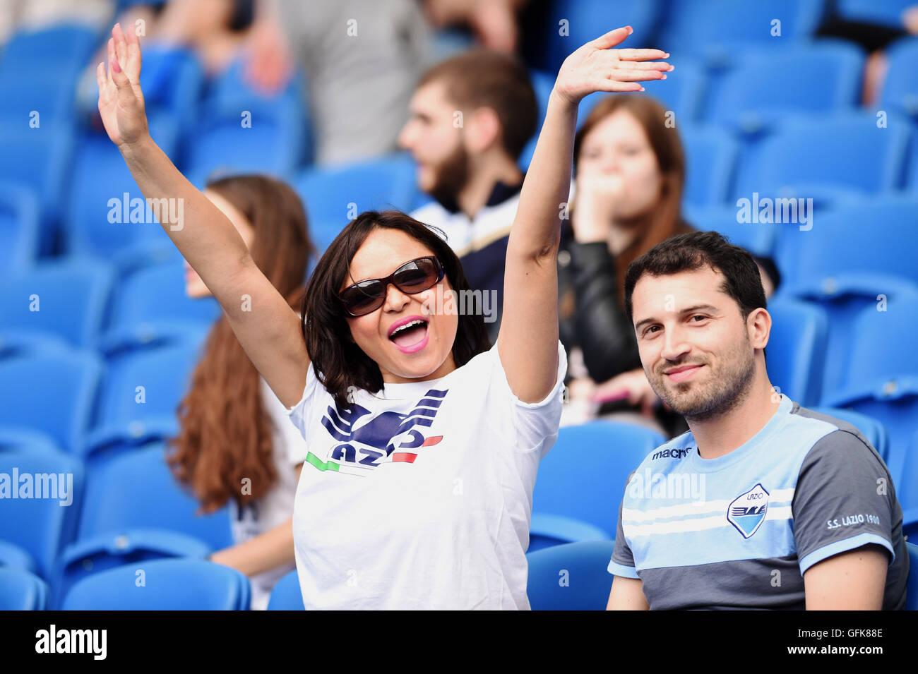 Lazio fans enjoy the hot weather during the Friendly match between ...