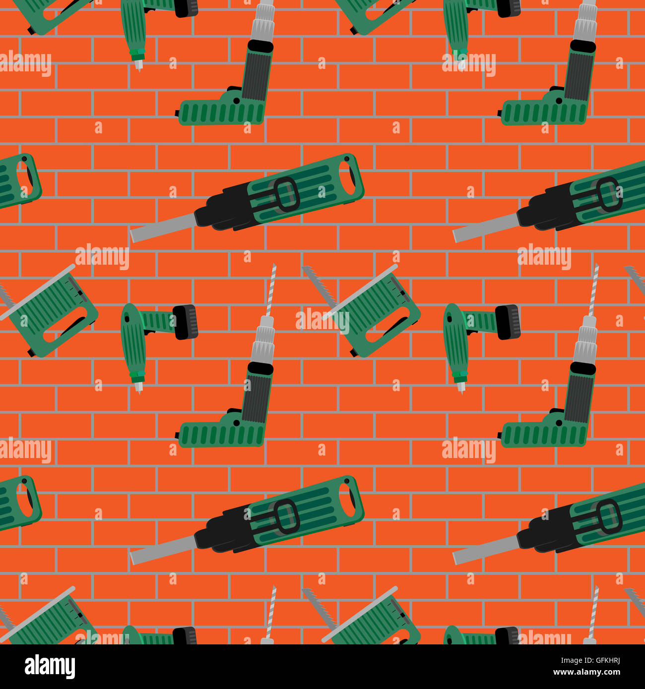 Power tools on brick wall pattern. Seamless background with ...