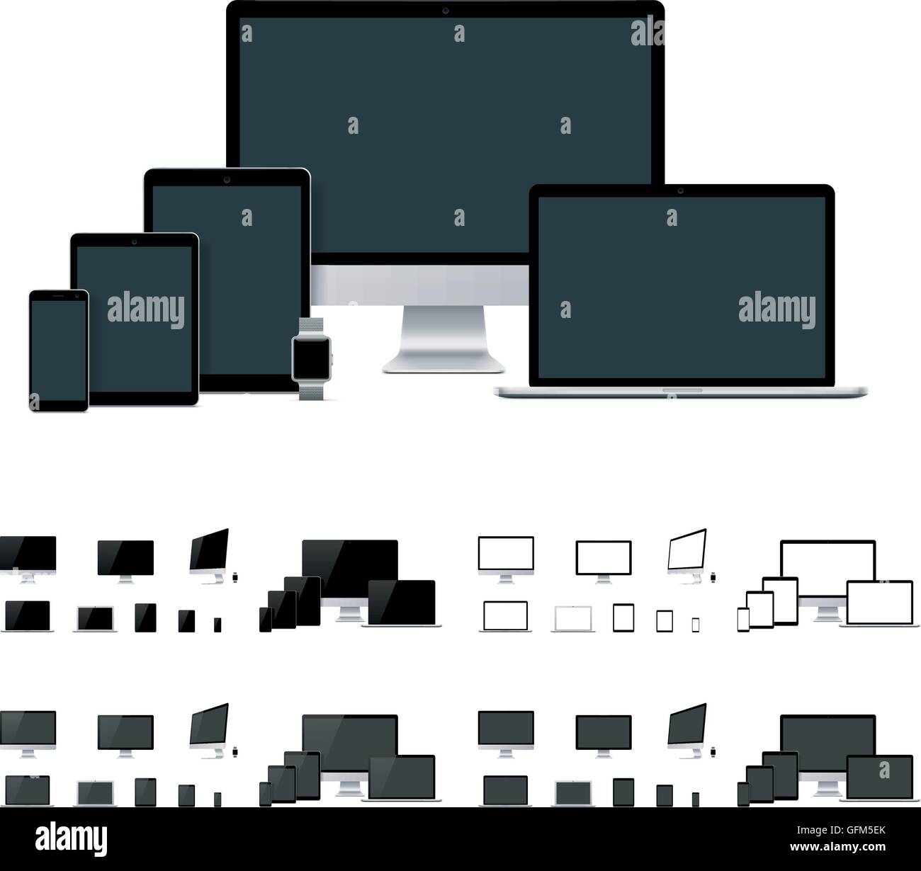 Vector realistic laptop, desktop computer, mobile, tablet, smartwatch ...