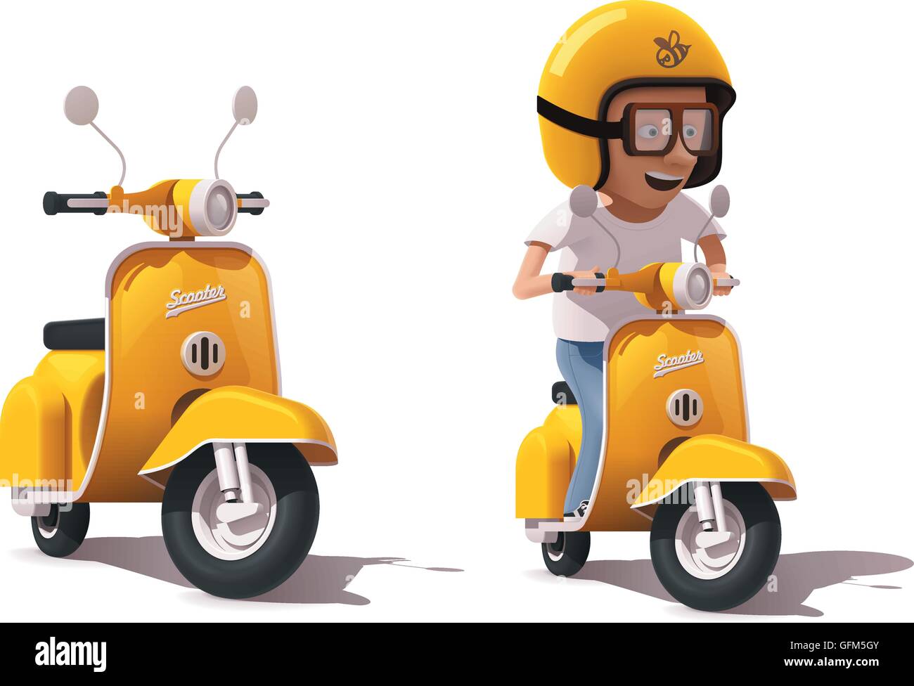 Vector realistic vintage yellow scooter and scooter driver icon Stock ...