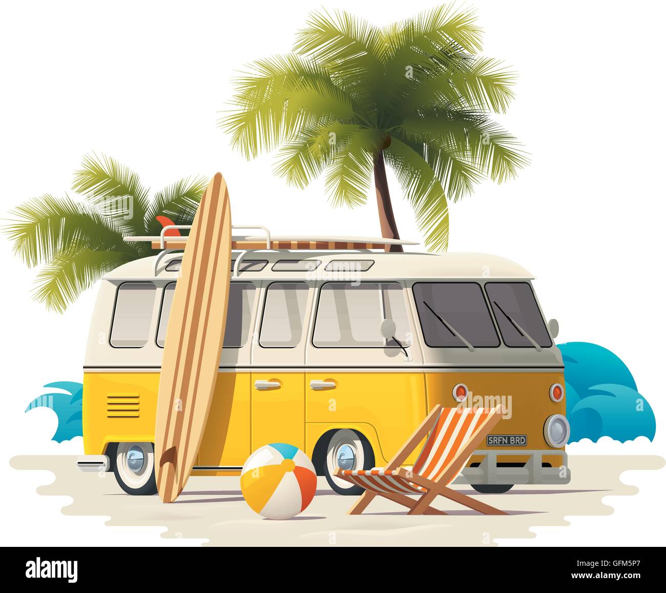 Vector realistic vintage surfer van on the beach icon Stock Vector ...
