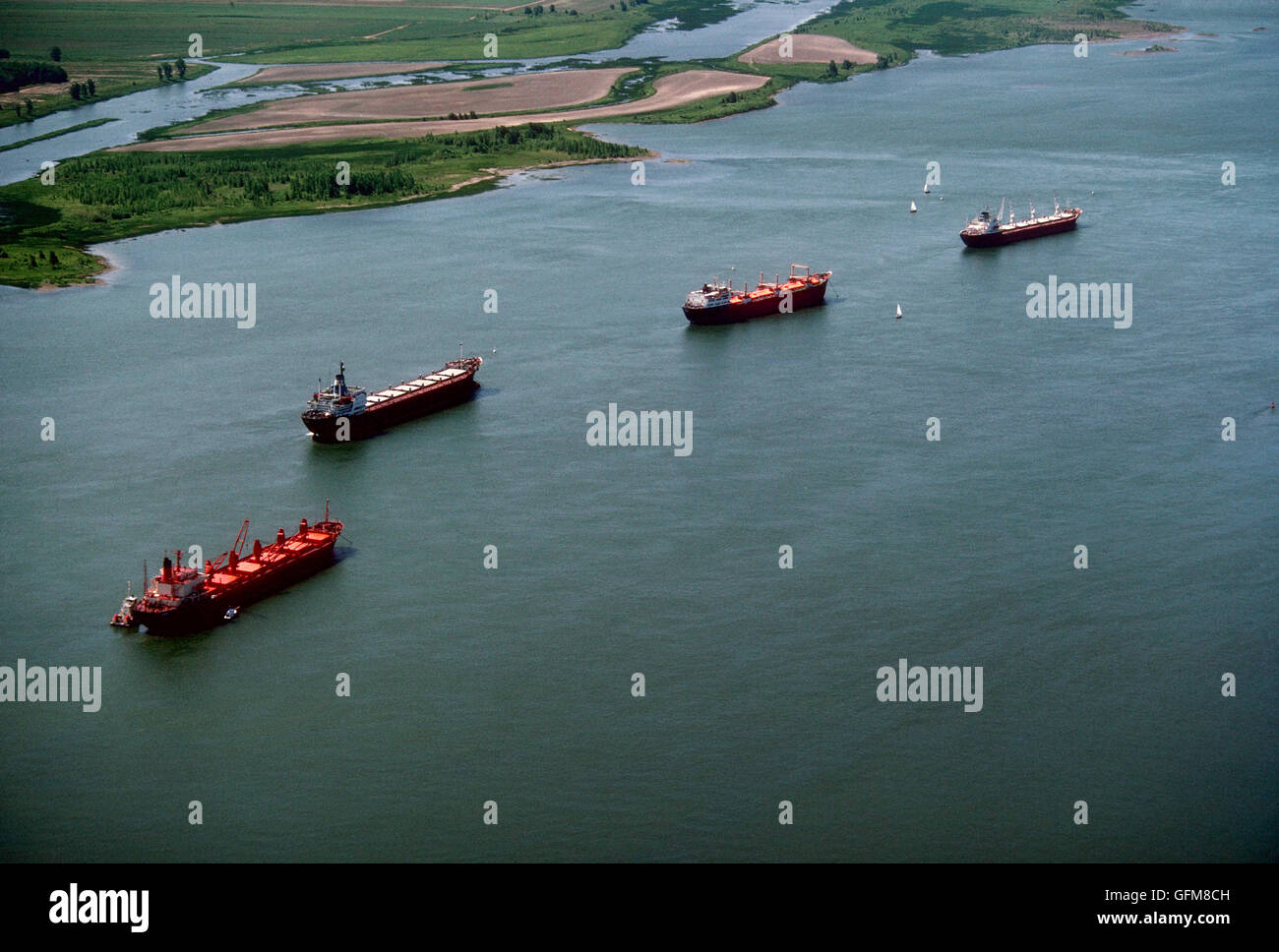 Freighters on the St. Lawrence River in Quebec. The St. Lawrence Seaway ...