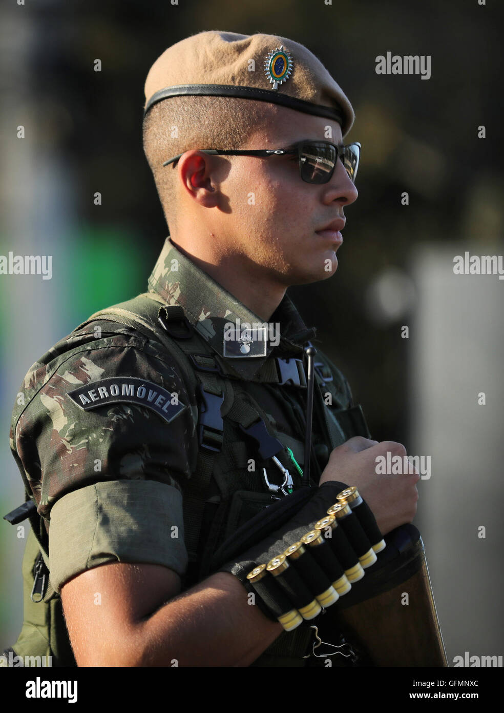 Rio de Janeiro, Brazil. 31st July, 2016. A Brazilian soldier guards the ...