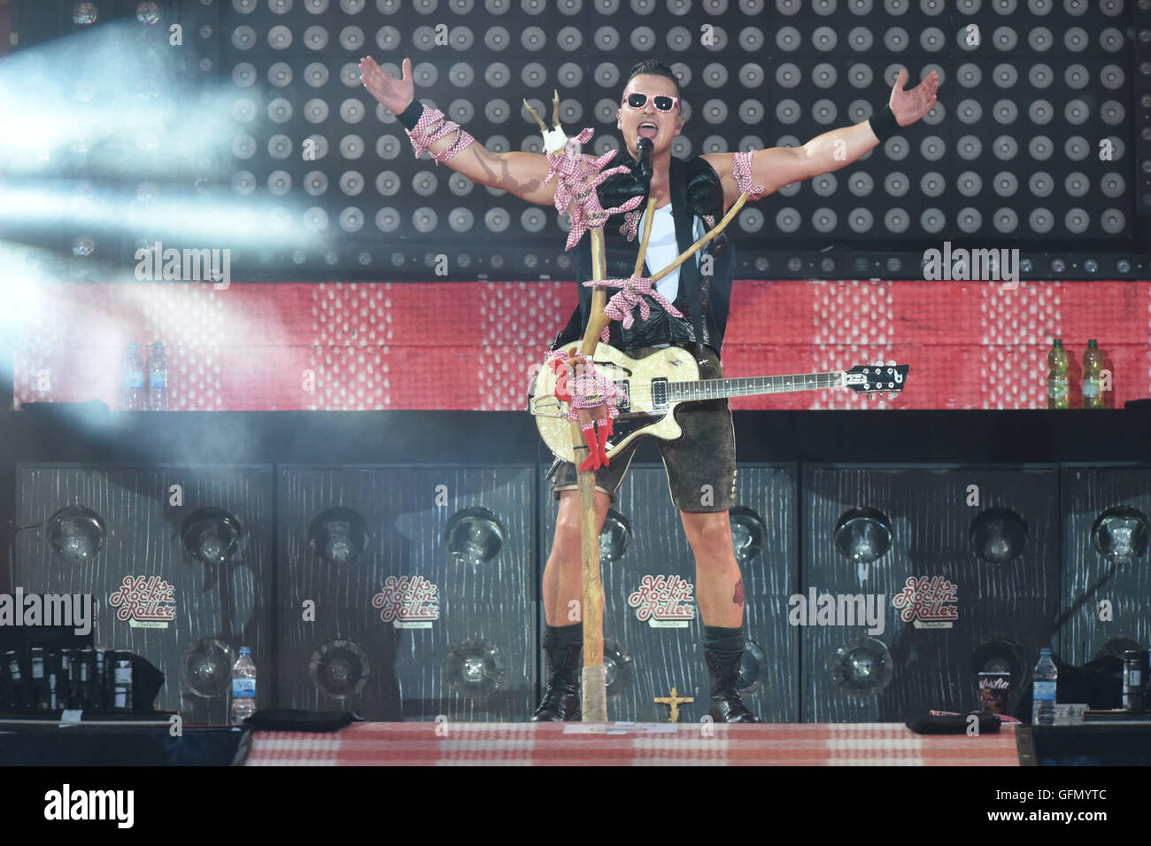 Austrian Volksmusik singer Andreas Gabalier performing during a stadium ...