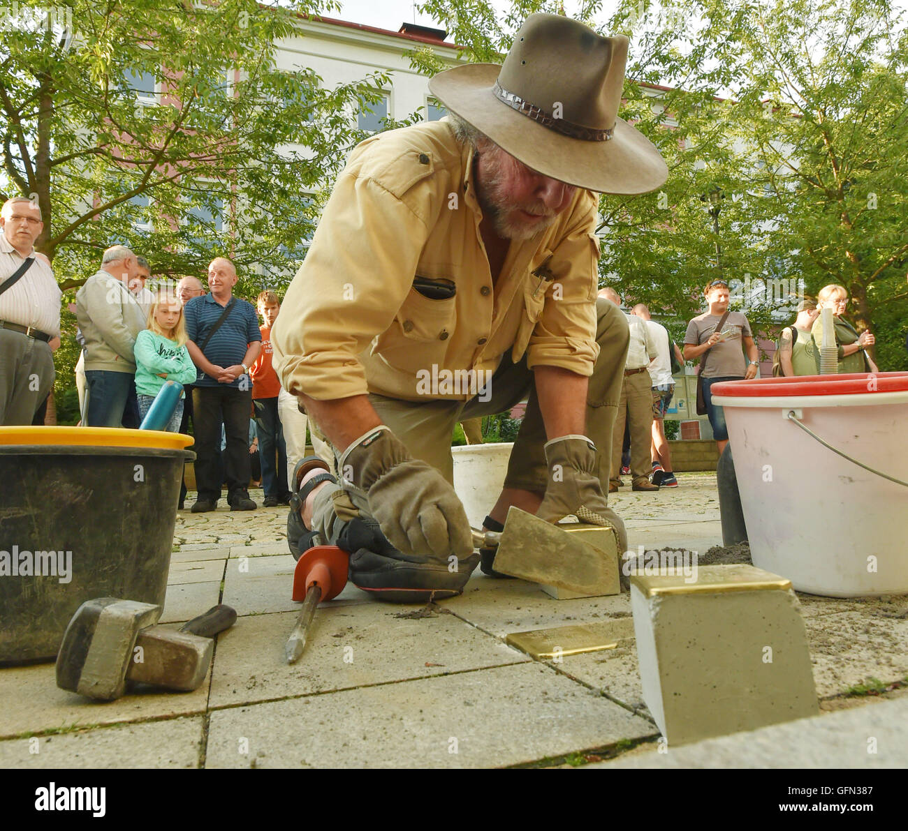 Chodov, Sokolov Region. 1st Aug, 2016. Author of Stolpersteine project ...