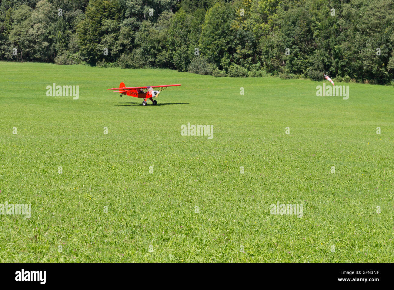Light red aircraft landing on a green meadow, transportation, outdoor ...