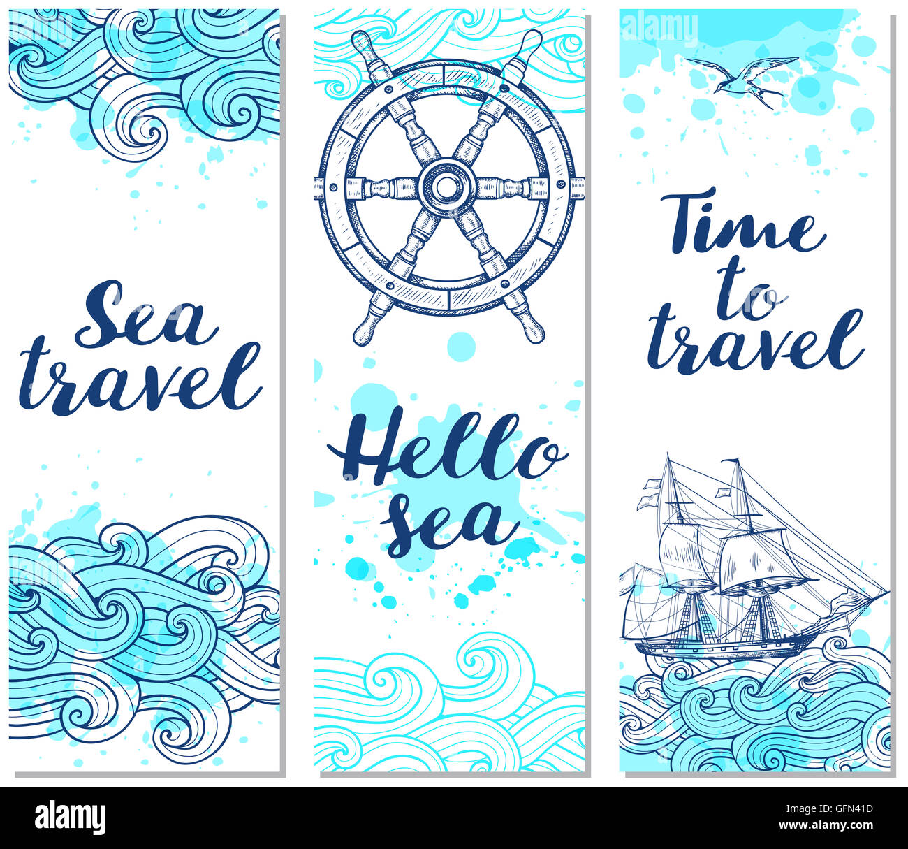 Blue vertical marine banners. Hand drawn travel backgrounds Stock Photo - Alamy