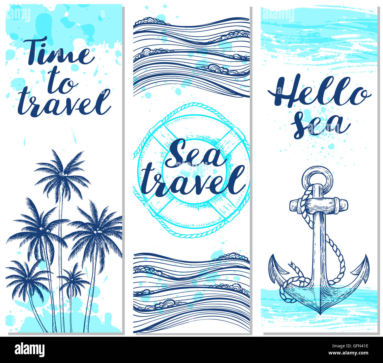 Blue vertical marine banners. Hand drawn summer travel backgrounds ...