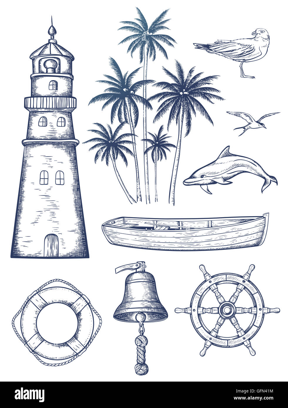 Set of hand drawn vintage nautical set. Marine design elements Stock ...