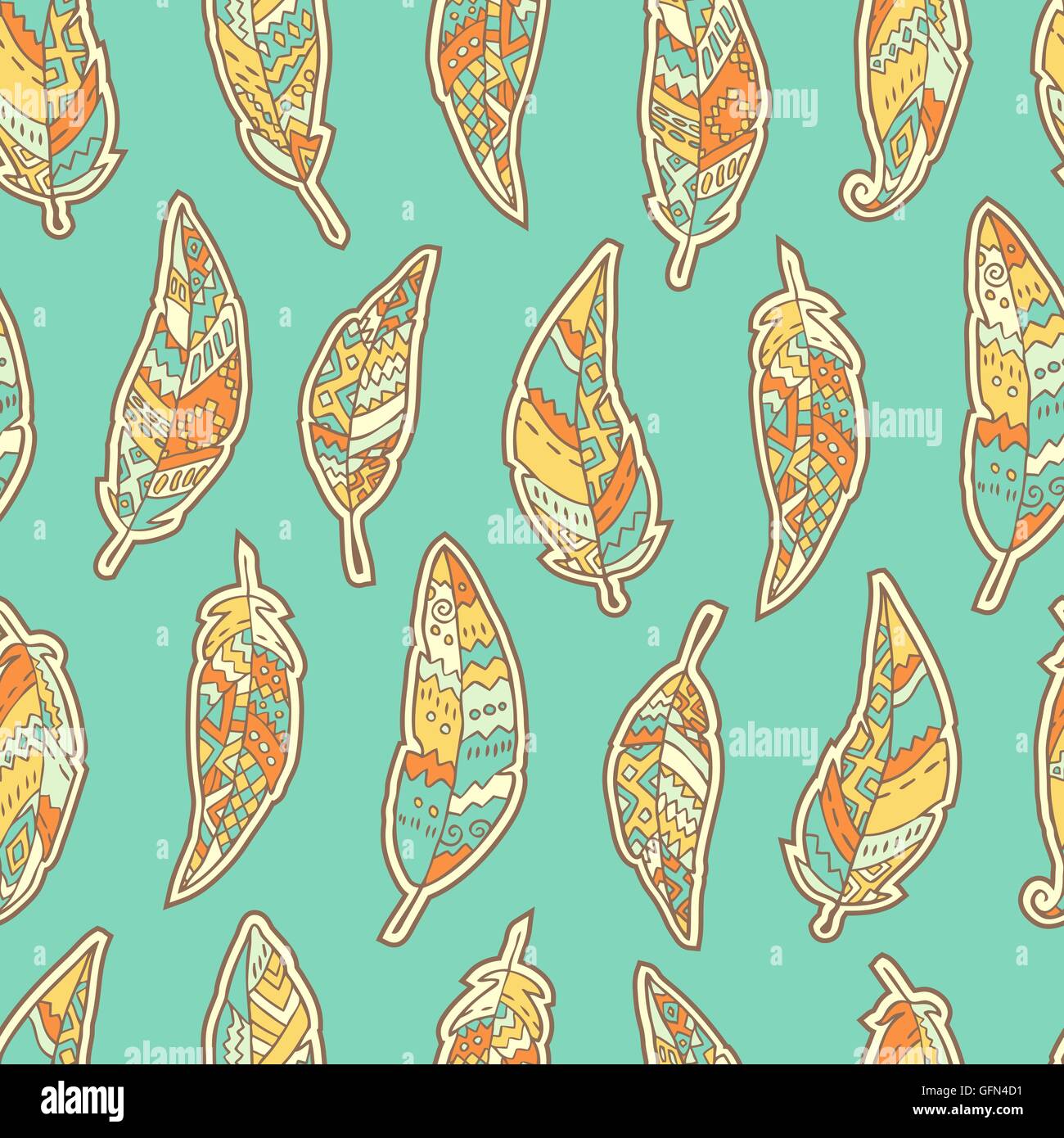 Seamless pattern with hand drawn ornate feathers on blue background ...