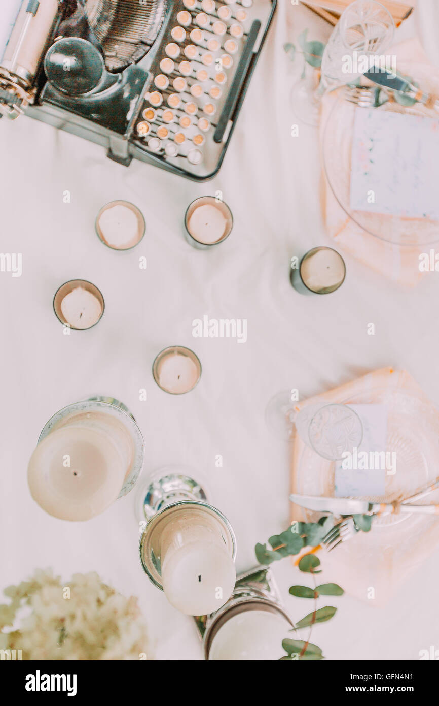 Top view of wedding table appointments with beautiful flowers. Romantic ...