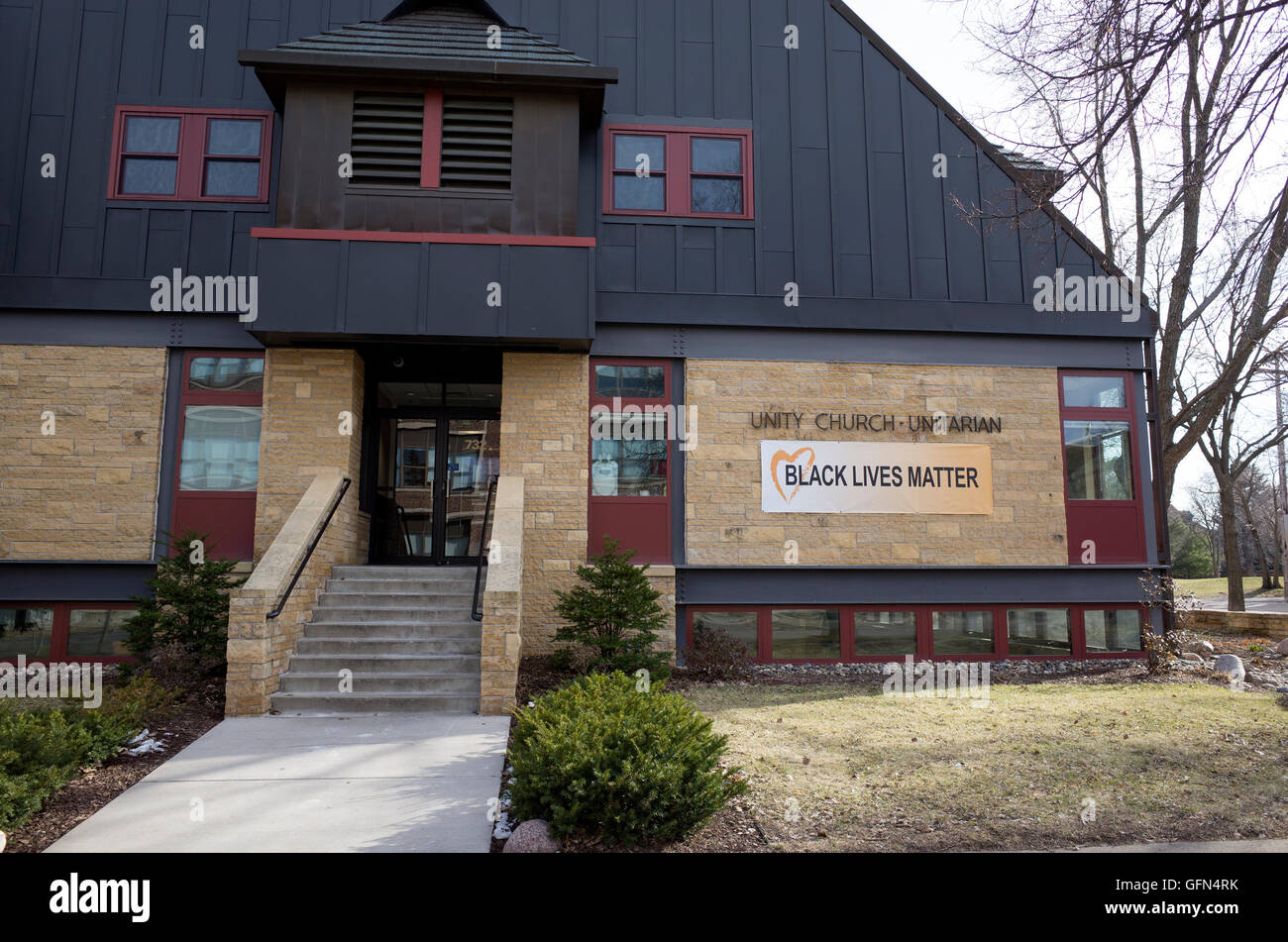 Black Lives Matter banner on the wall of Unity Church-Unitarian. St ...