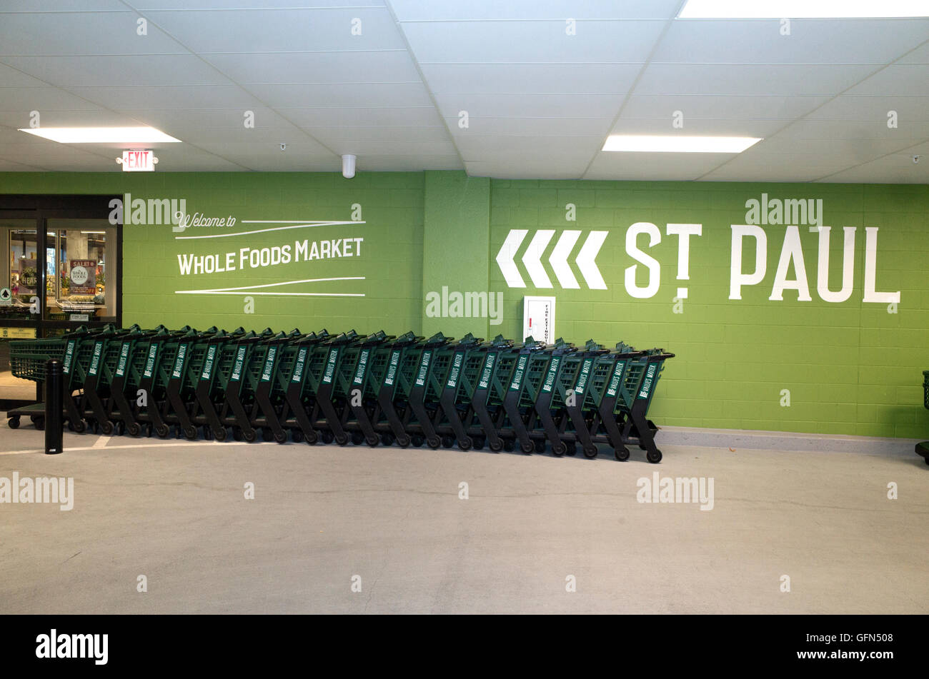 Row of modern shopping carts near the entrance of Whole Food Market in ...