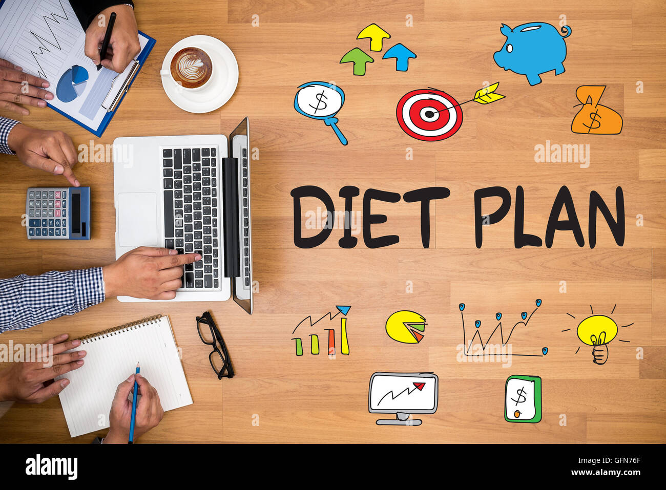 DIET PLAN Business team hands at work with financial reports and a ...