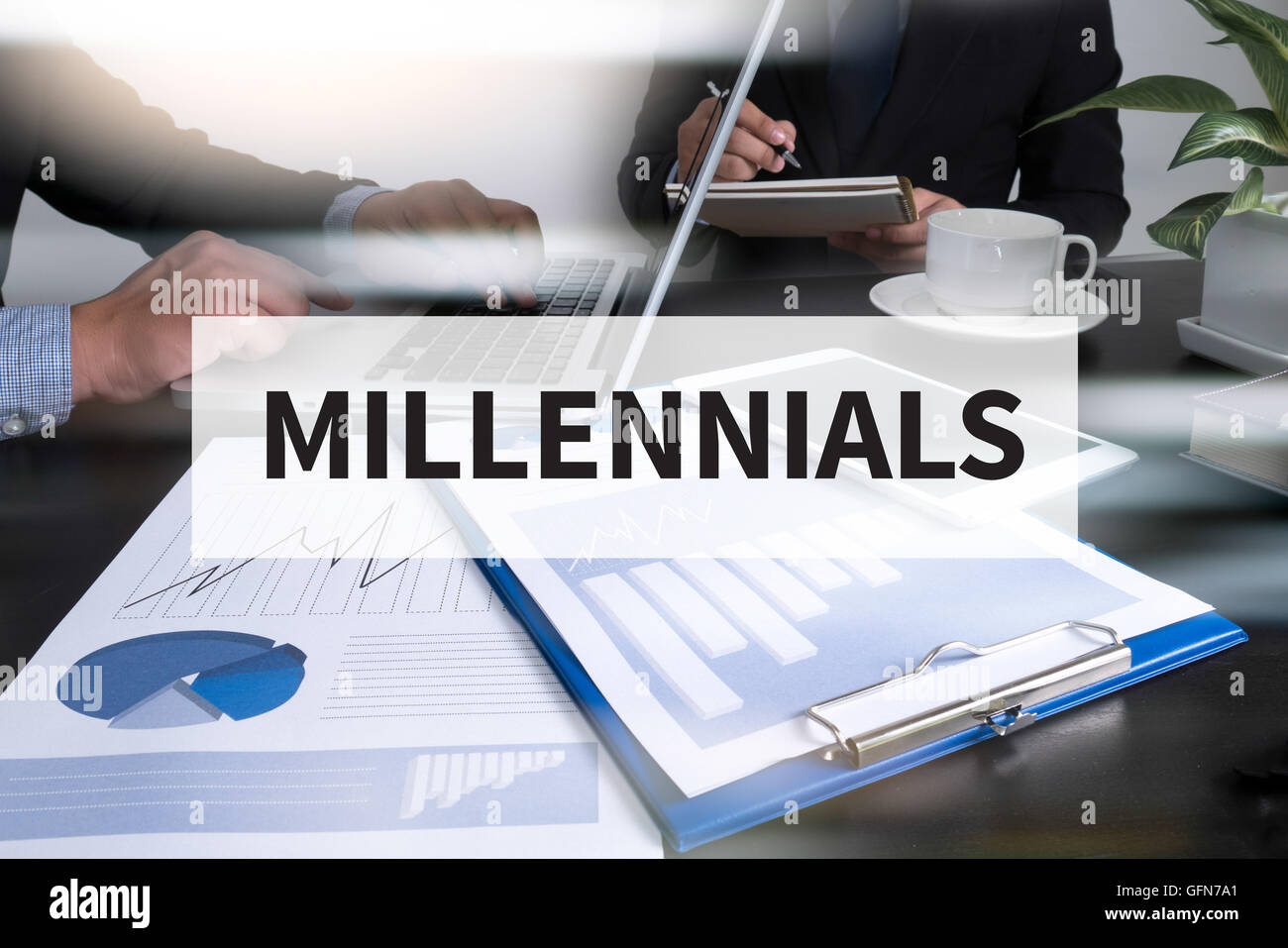 MILLENNIALS Image of man hand pointing at business document during ...