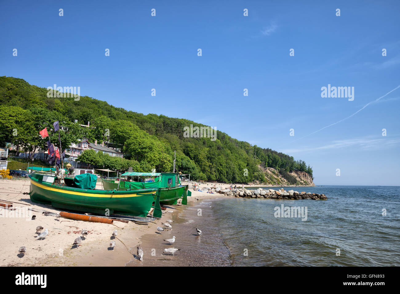 Beach with fishing boats at Baltic Sea bay in city of Gdynia, Redlowo ...