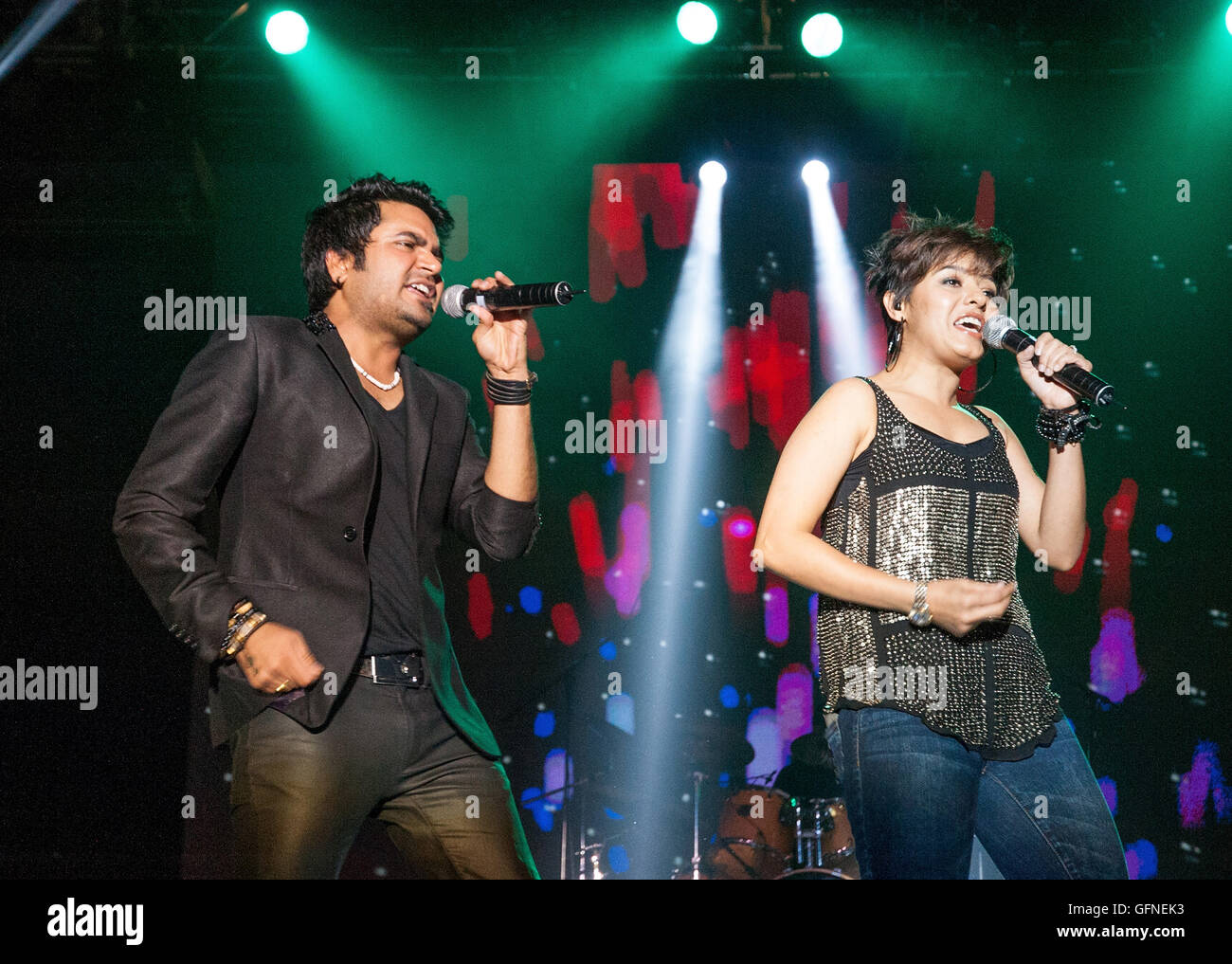 Indian singer and actress Sunidhi Chauhan (R) and Indian singer Rakesh ...