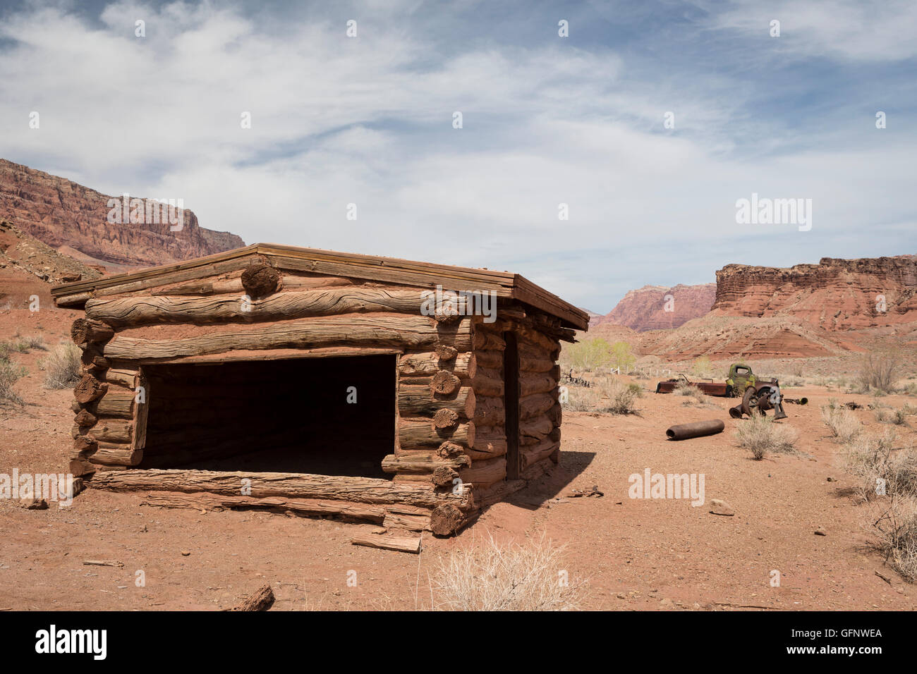 Deserted log cabin Lonely Dell Ranch Historic District Stock Photo - Alamy