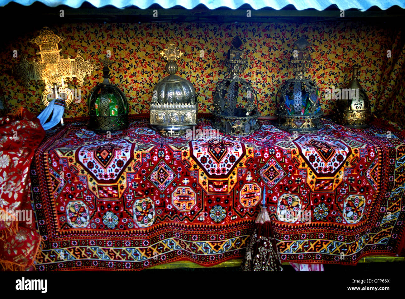 The crowns of past emperors of Ethiopia at the Church of St. Mary of ...