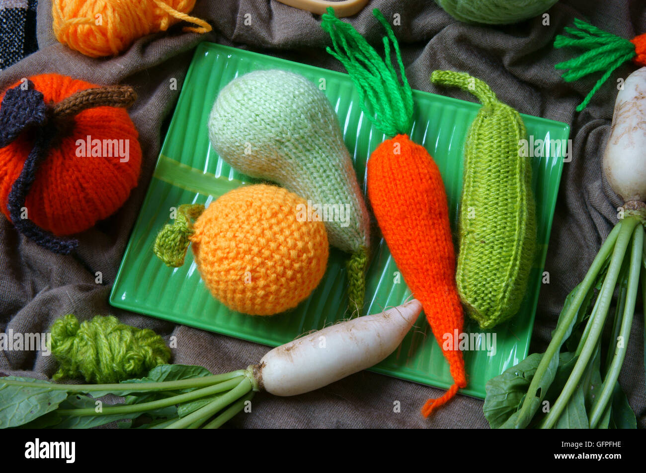 Leisure activity at home with knitting, group of colorful knitted ...