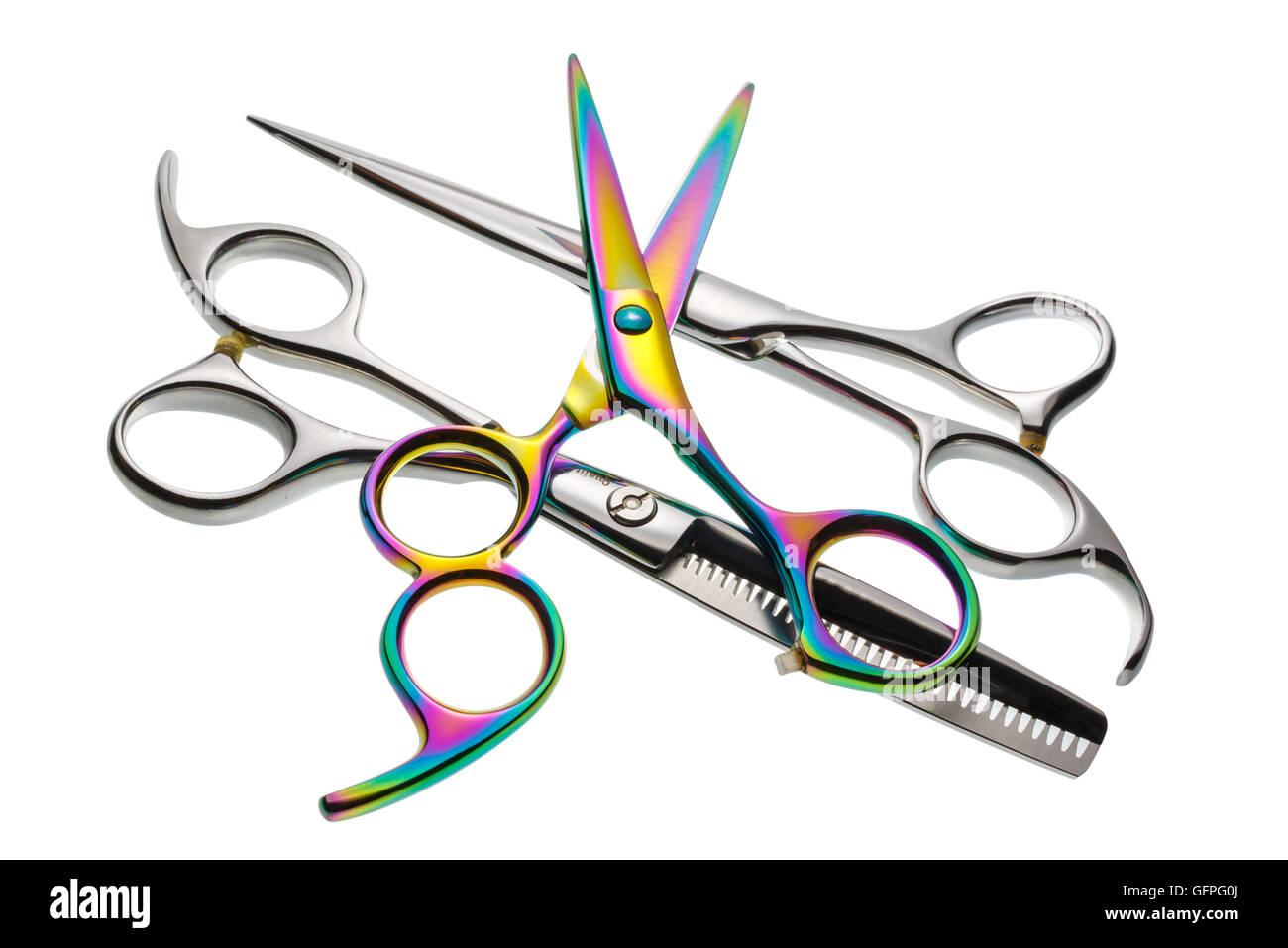 Sets of Professional hairdressing scissors isolated on white, with ...