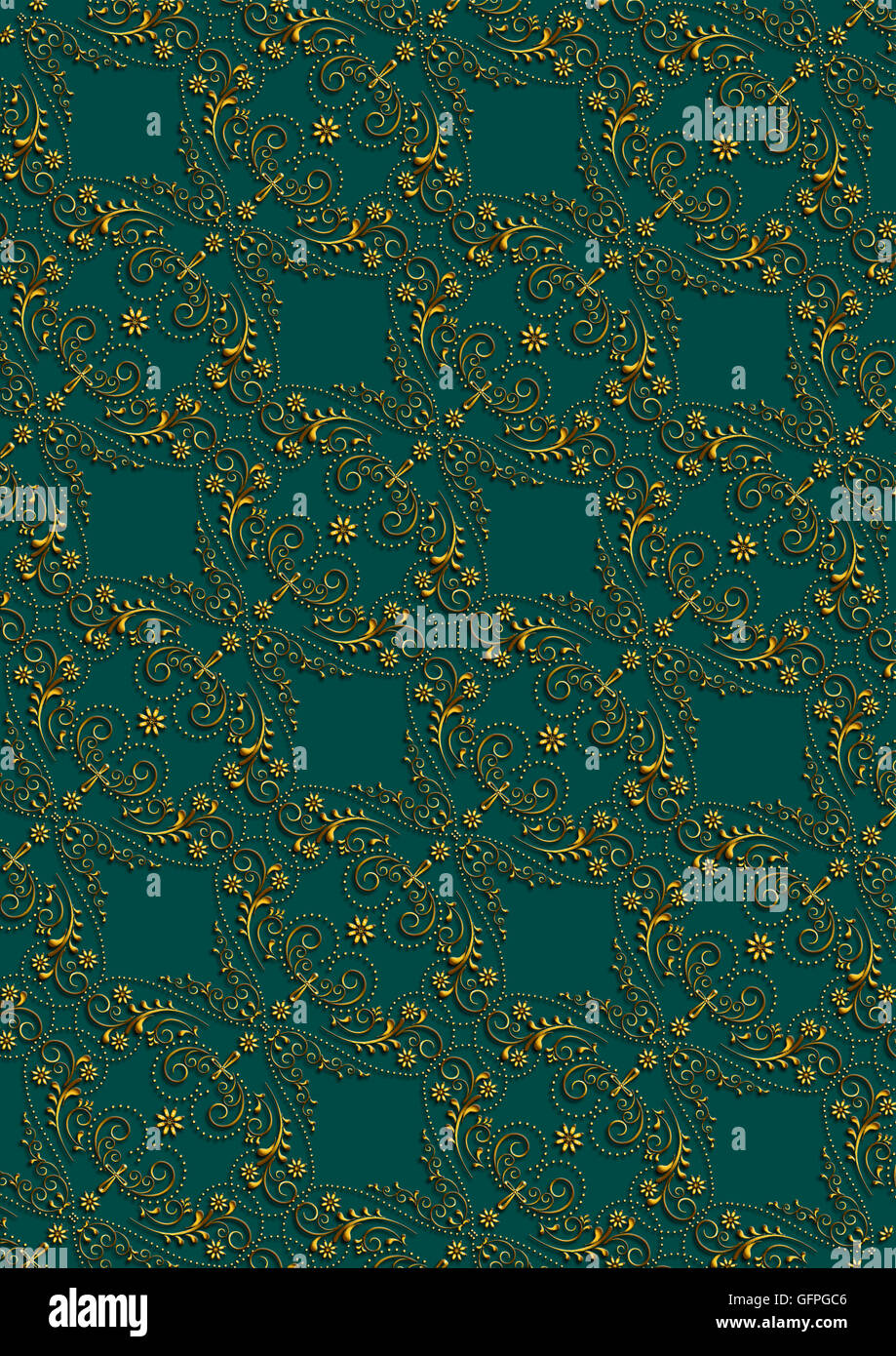 Green seamless background from vintage gold floral pattern with cross ...