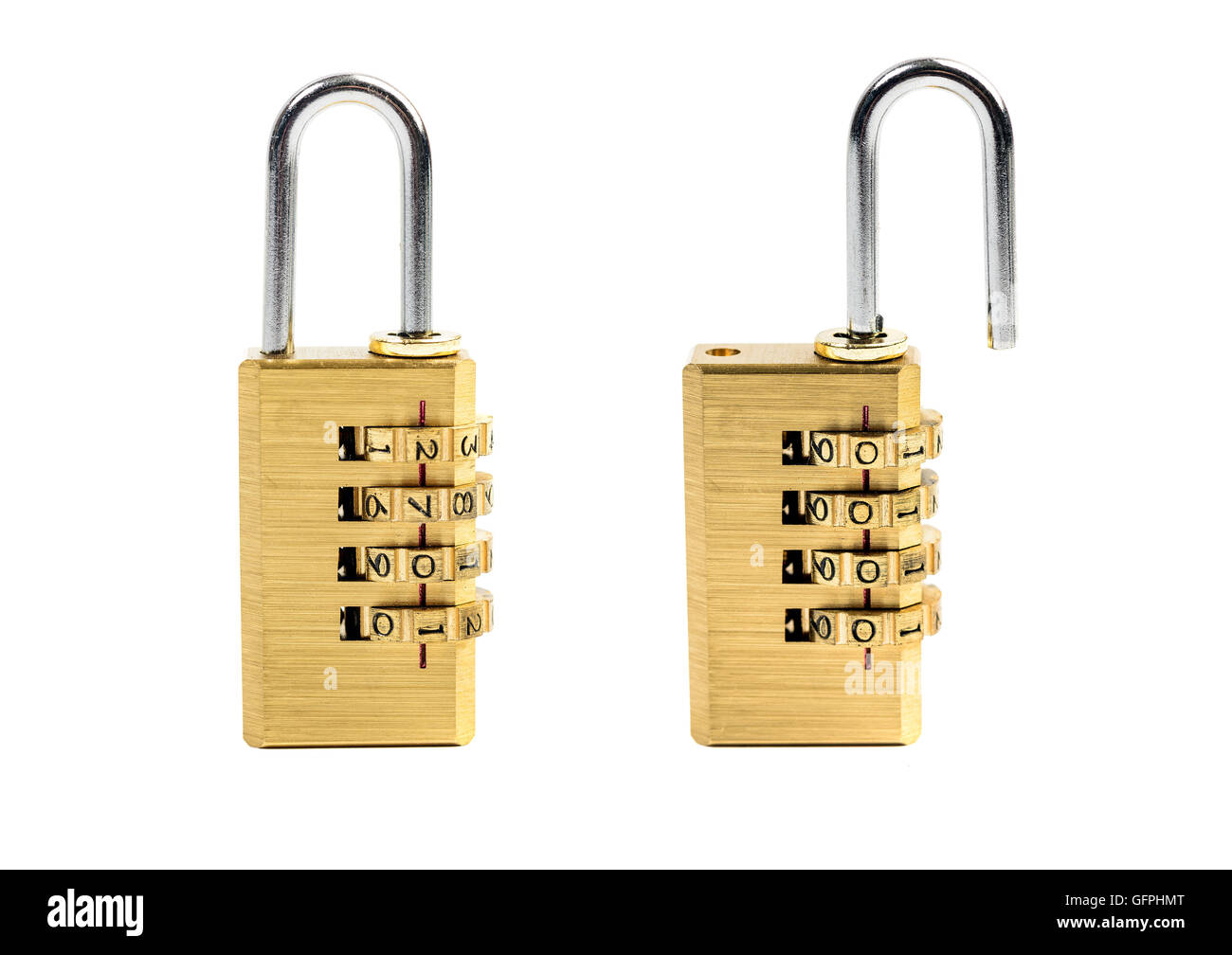 Brass combination padlock cut out on white Stock Photo - Alamy