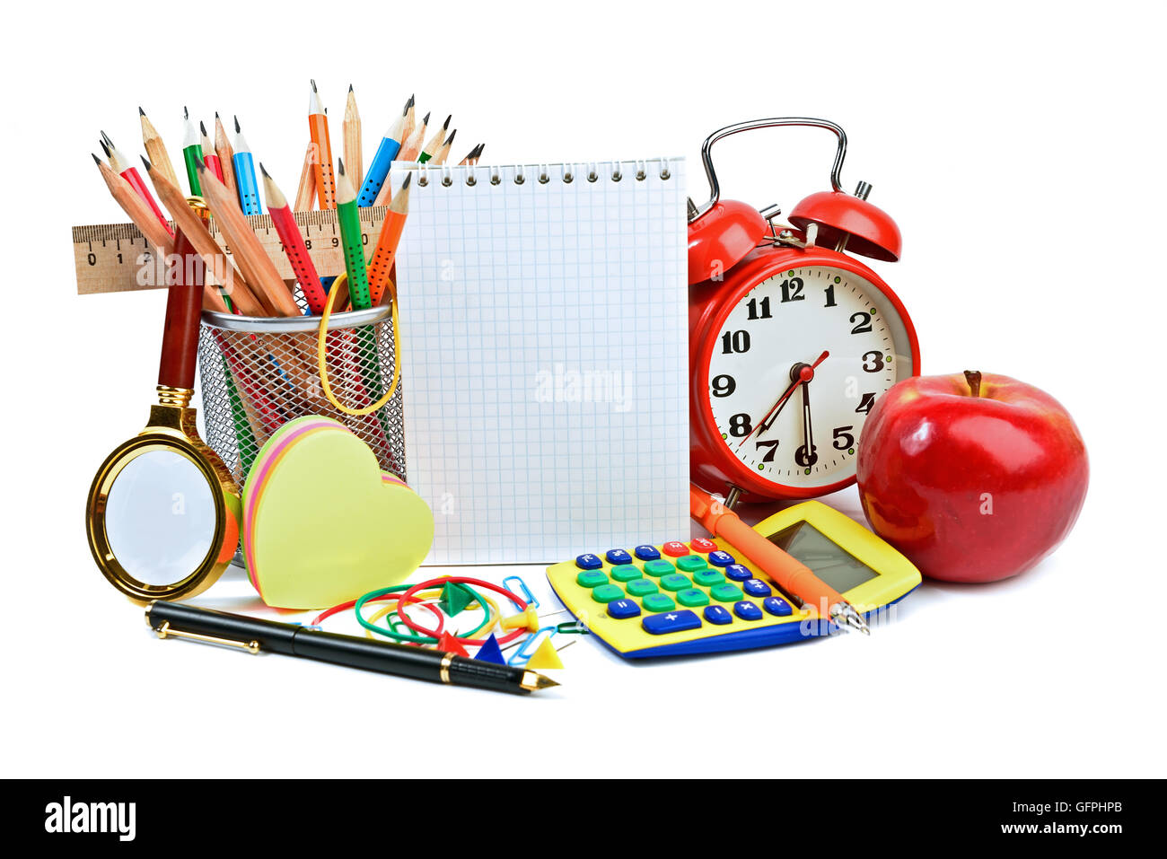 Group of school supplies and books over a white background Stock Photo ...