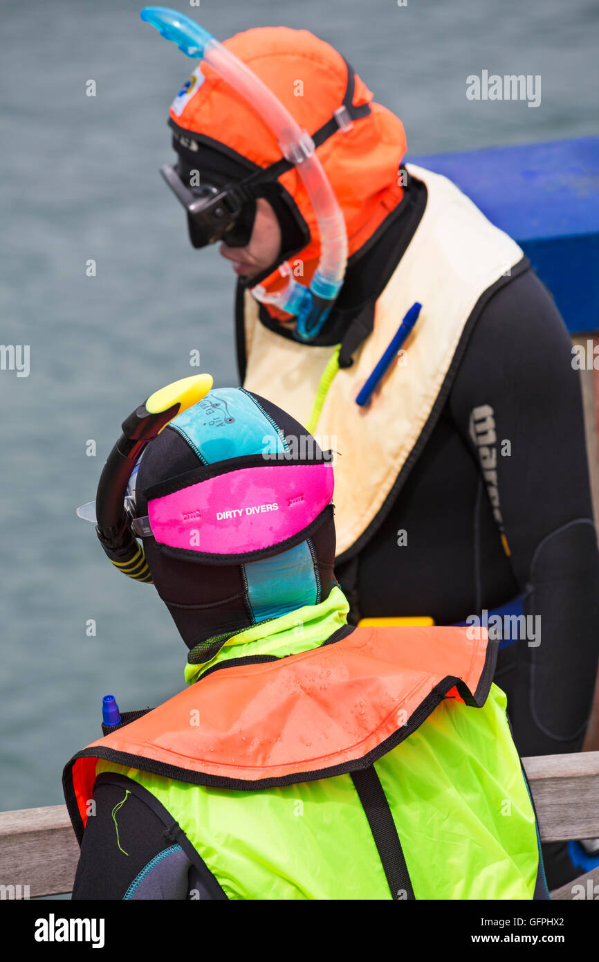 Diver below marker buoy with scuba diver in fluorescent coloured gear in sea at Swanage in July ...