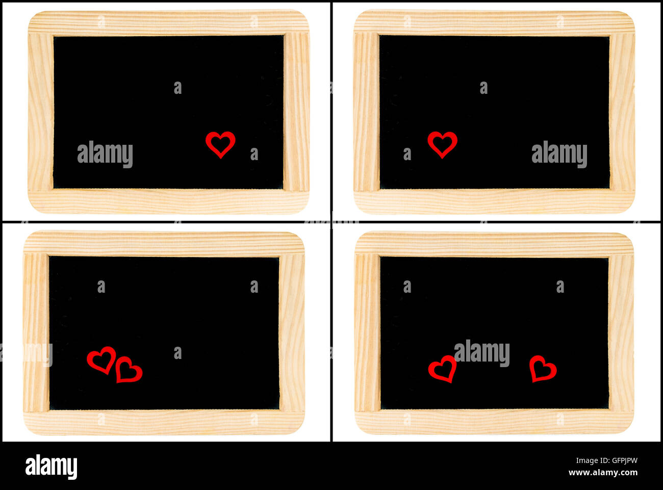 Photo Collage of Vintage Chalkboards with red heart symbols isolated on ...