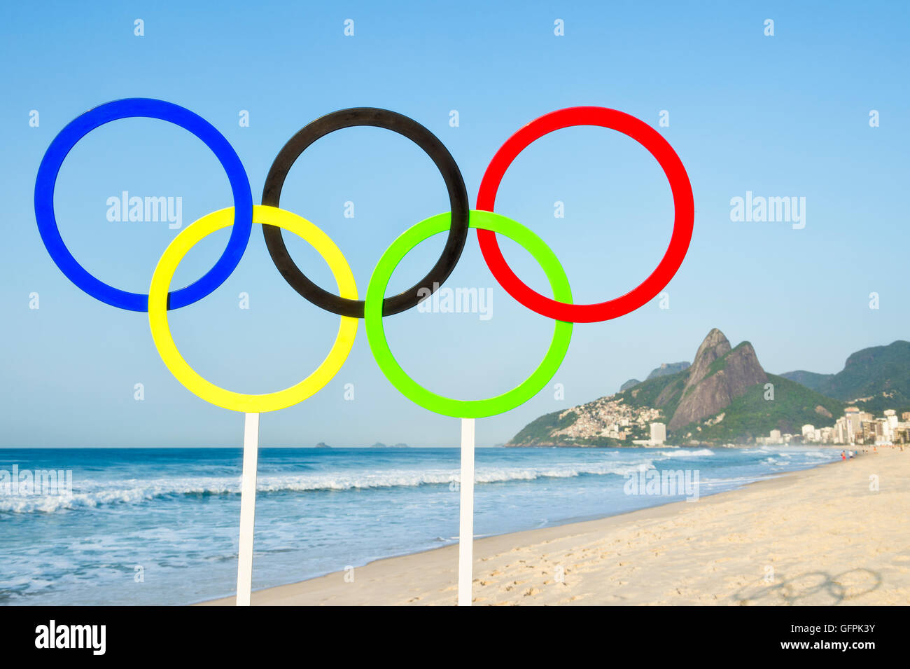 RIO DE JANEIRO - MARCH 27, 2016: Olympic rings standi on the shore of ...