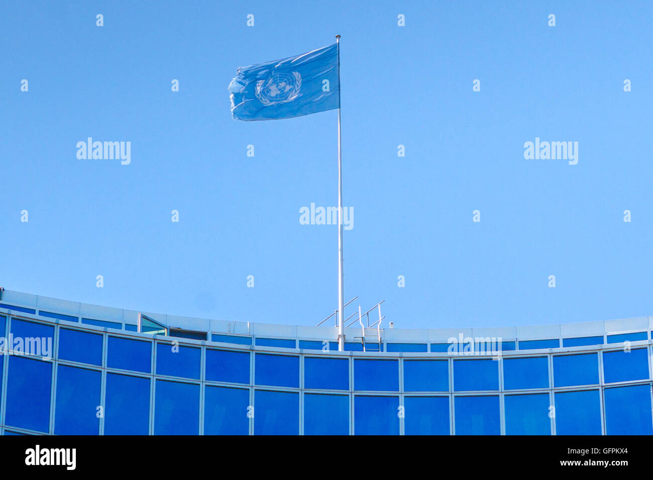 GENEVA, SWITZERLAND - JUNE 6, 2016: . The United Nations flag at the ...