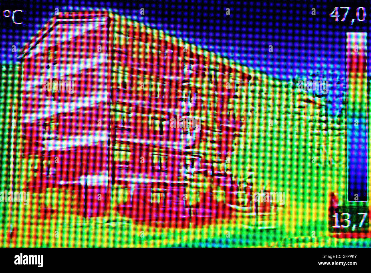 Infrared thermovision image showing lack of thermal insulation on ...