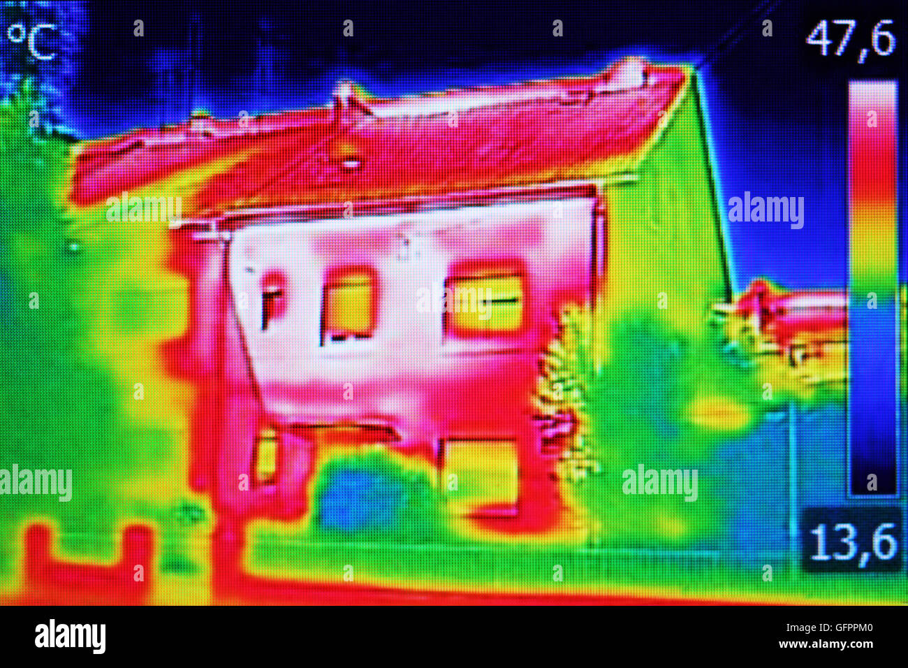 Infrared thermovision image showing lack of thermal insulation on ...