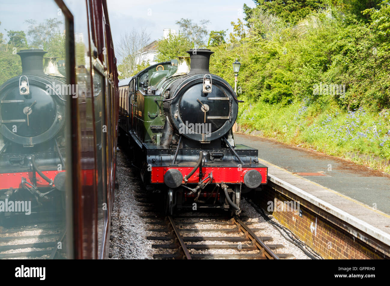 Steam train waiting at Churston Station in Devon, part of the Dartmouth ...