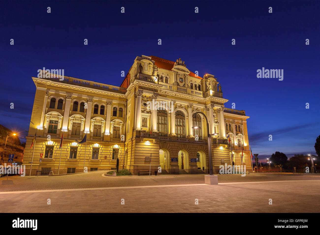 Oradea's historic city hall building, taken just after sunset Stock ...