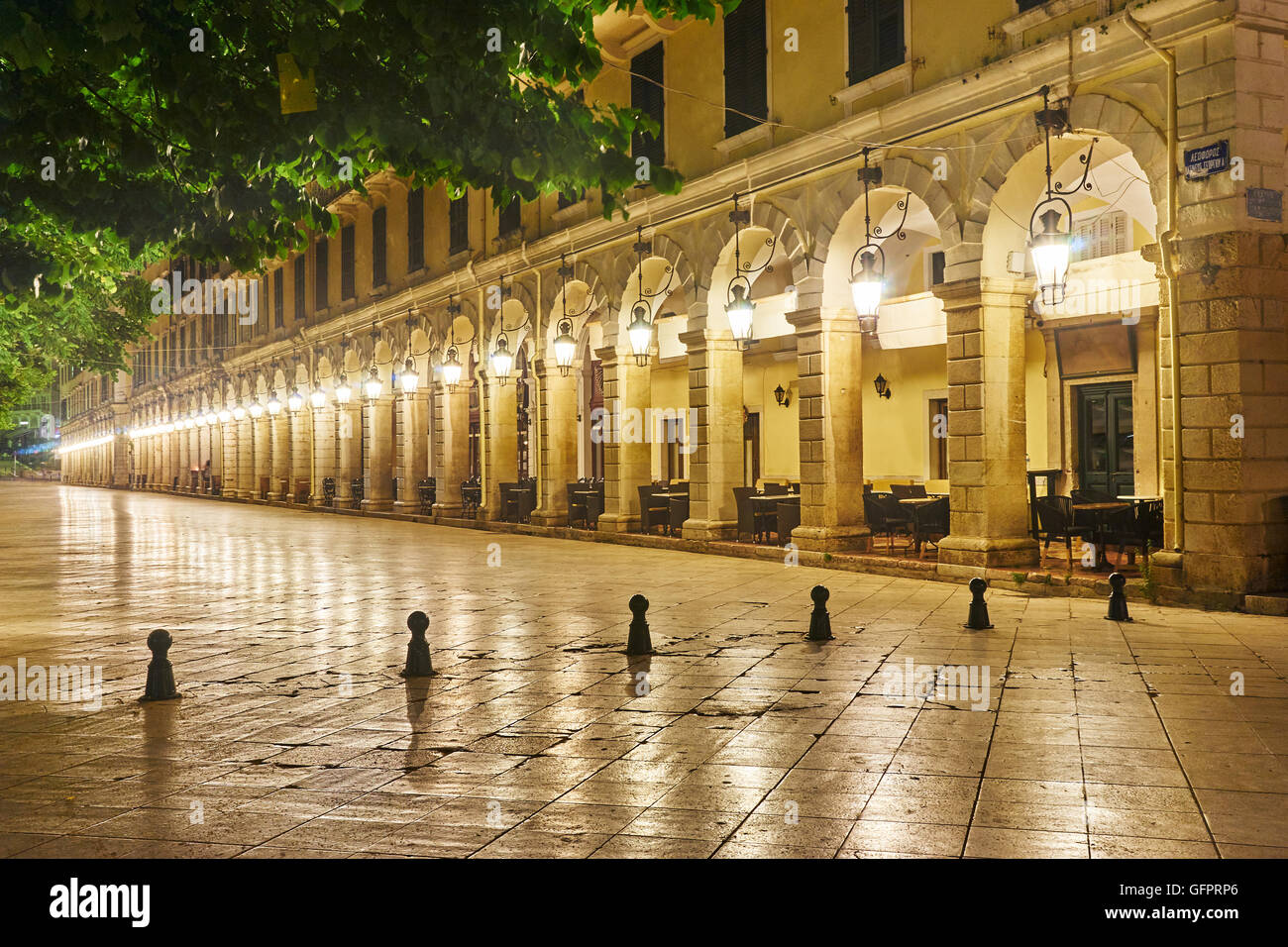 The historic center of Corfu town, at night, LIston, Greece Stock Photo ...