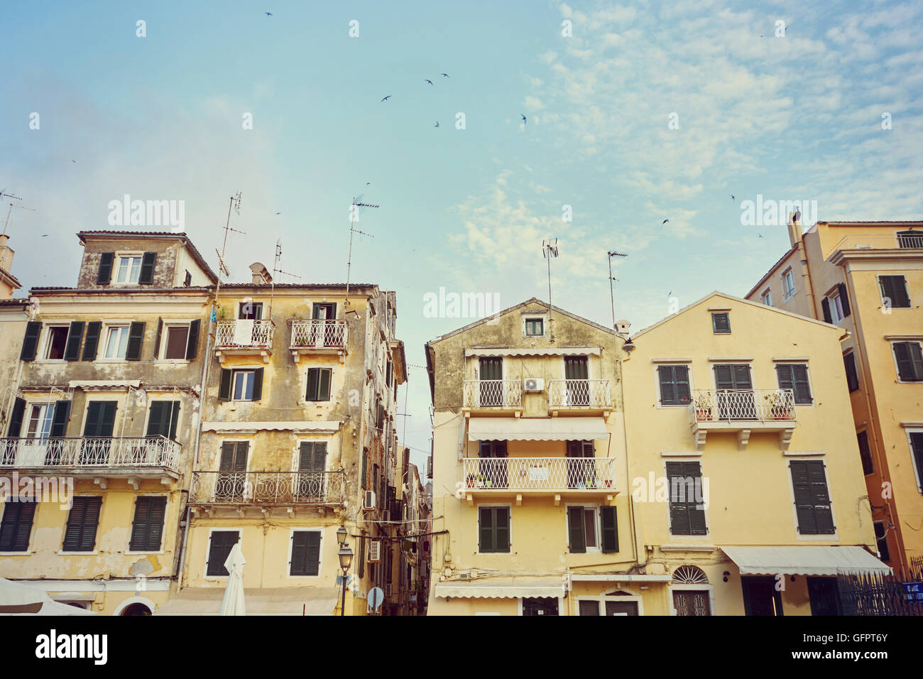 Old traditional buildings in the old town of Corfu island, Greece Stock ...