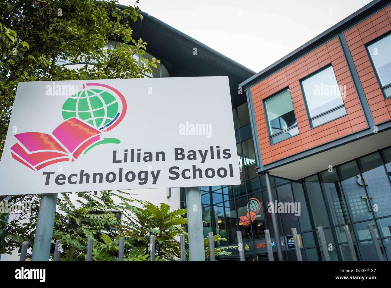 Entrance and associated signage at Lilian Baylis Technology School in ...