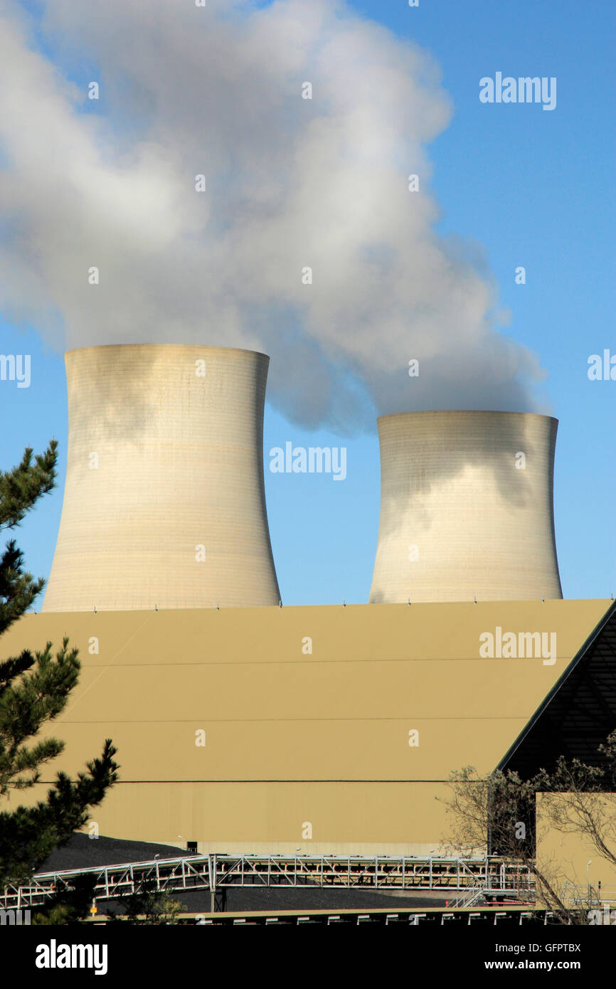 power station with pollution from two chimneys Stock Photo - Alamy