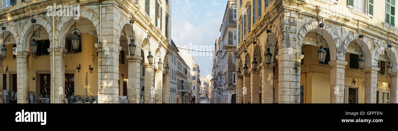 Panoramic view of historic center of Corfu town, LIston, Greece Stock ...