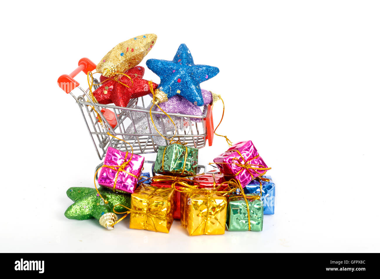 colorful gifts box in supermarket shopping cart,concept of buy shopping ...