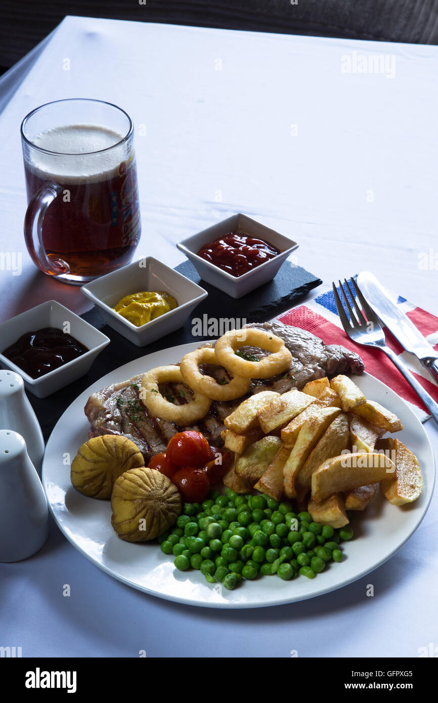 A traditional English pub/bar dish of British Beef Rump Steak with ...