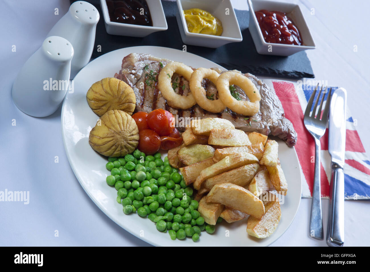A traditional English pub/bar dish of British Beef Rump Steak with ...