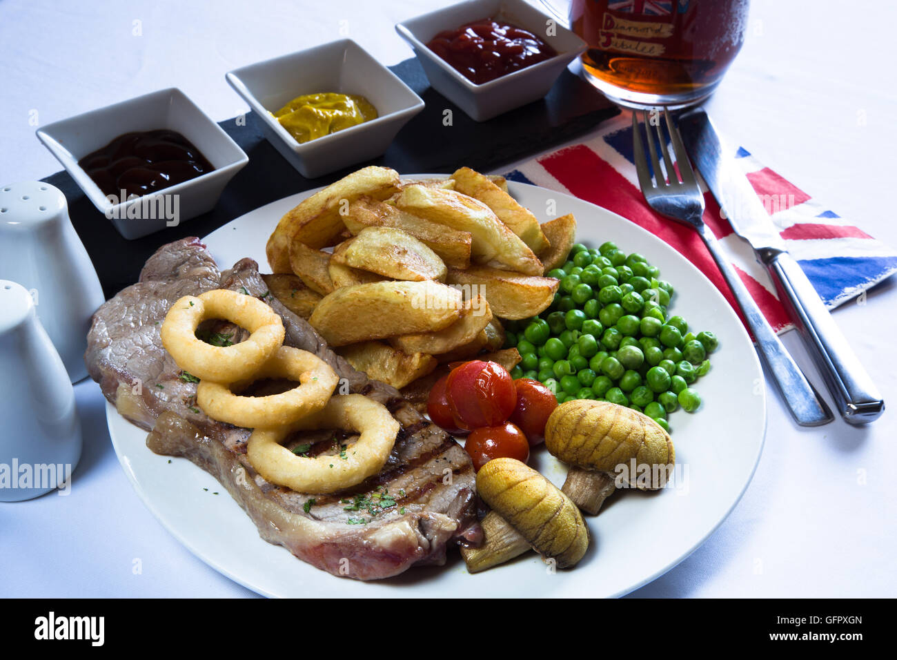 A traditional English pub/bar dish of British Beef Rump Steak with ...