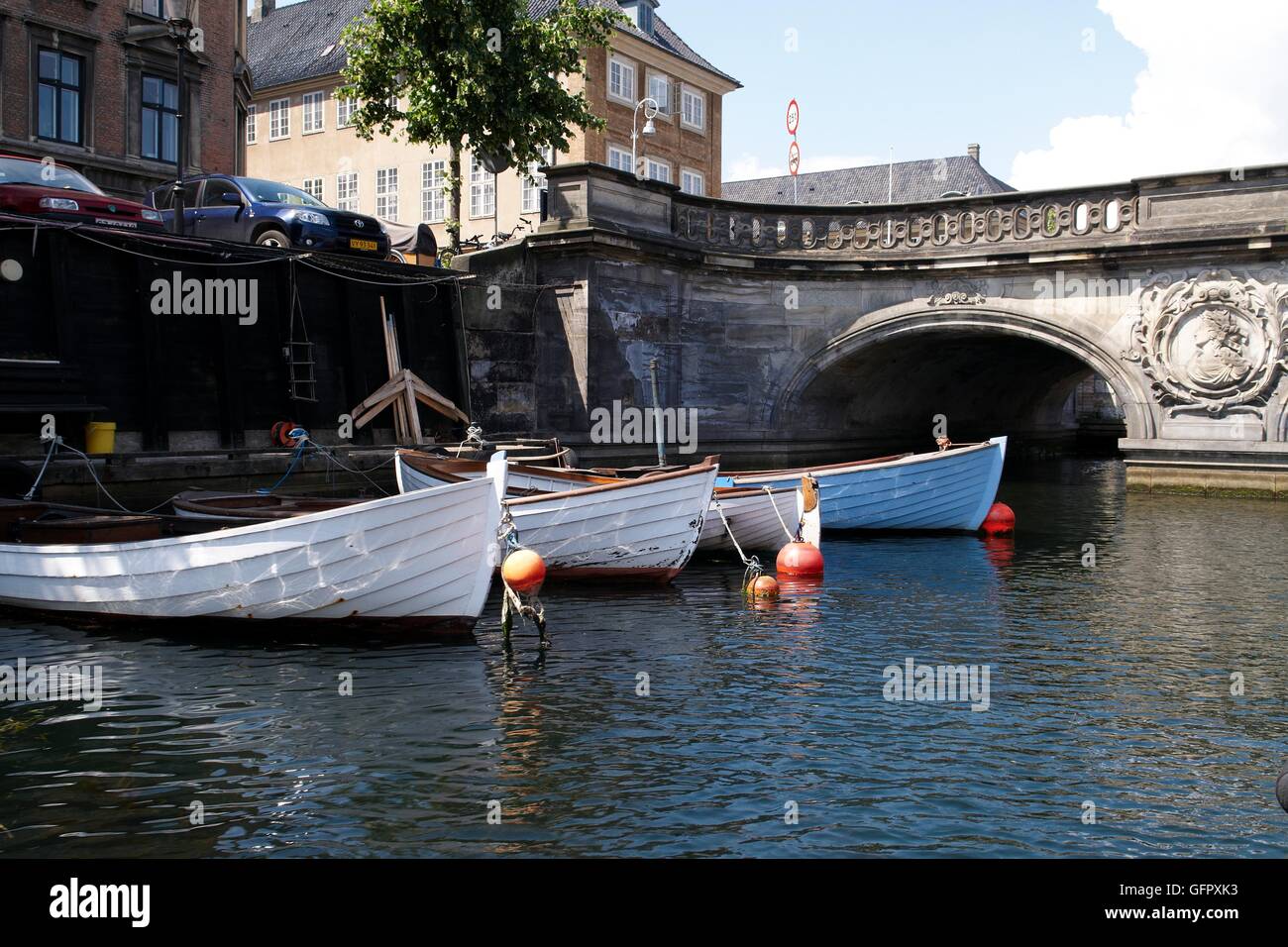 Boats at The Marble Bridge at Slotsholmen, Copenhagen, Denmark Stock ...