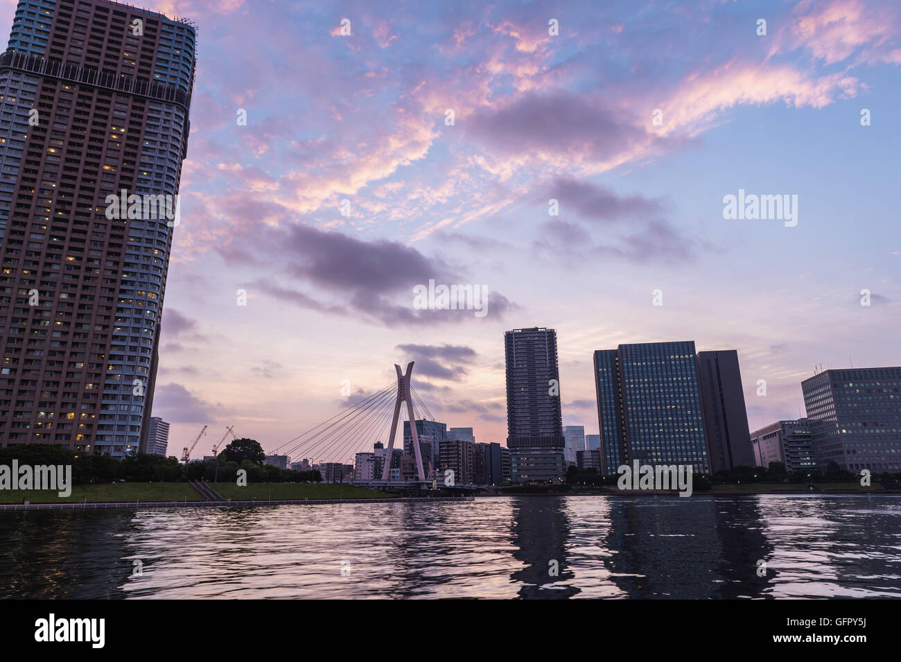 Tokyo cityscape at sunset from Tsukishima, Tokyo, Japan Stock Photo - Alamy