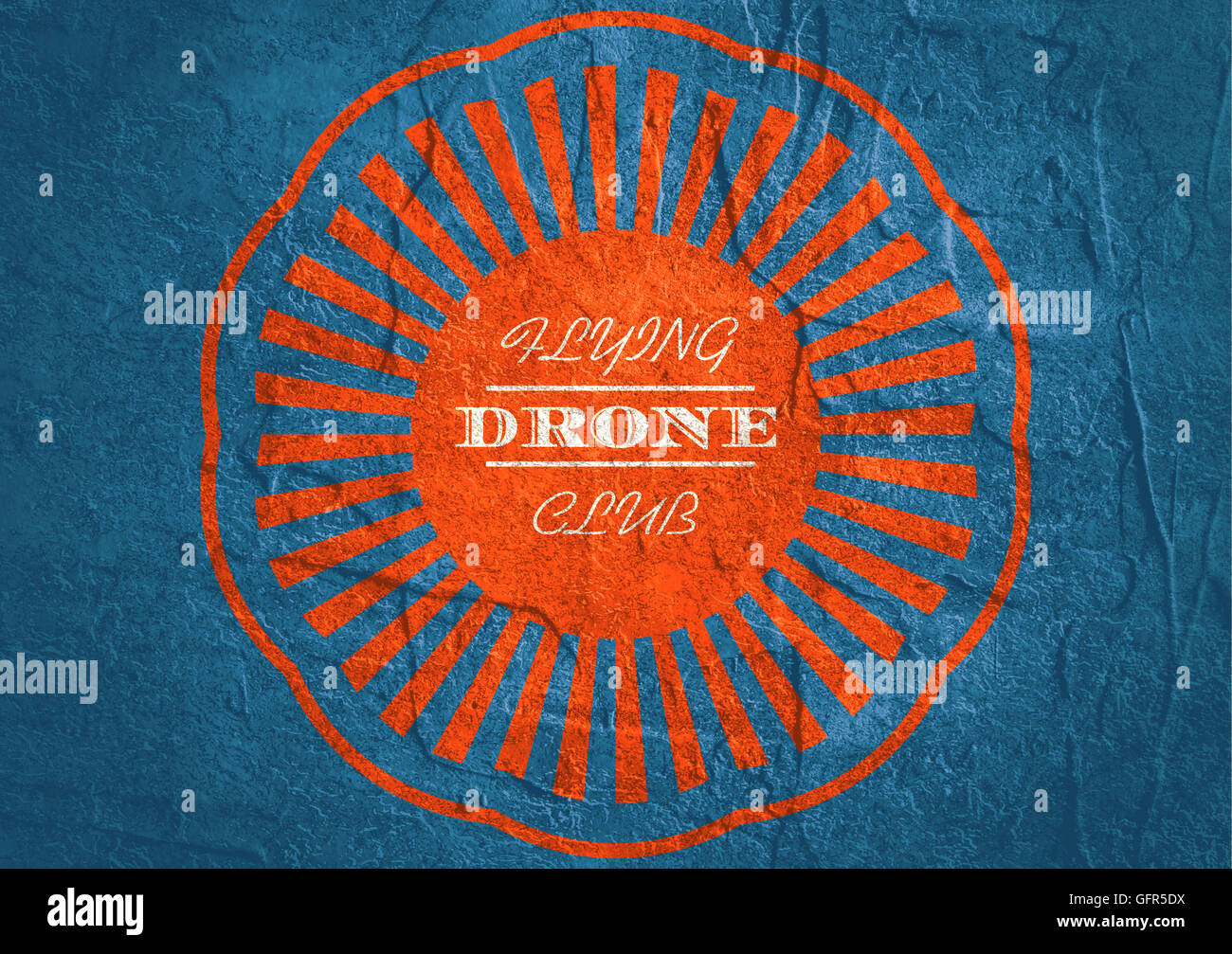 Drone emblem. Flying club text. Radial sun rays. Concrete textured ...