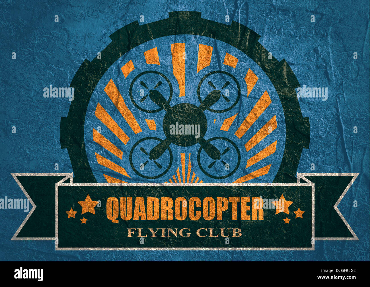 Drone emblem. Flying club text. Radial sun rays. Concrete textured ...