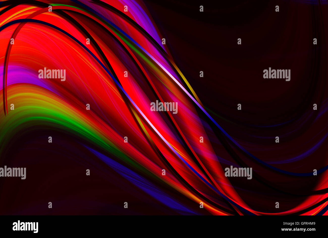 Red falling wave coated shining colored curved stripes on a black ...